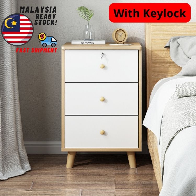 3 Drawer Side Table End Table with Lock Meja Tepi Sisi Keylock Bedside ...