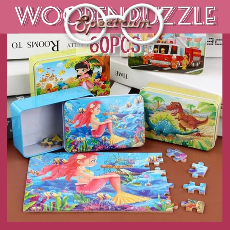 60pcs Wooden Cartoon Puzzle with Tin Kids Learning Jigsaw Puzzle Metal ...