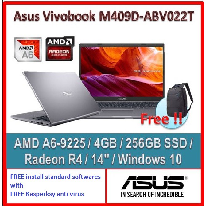 ASUS Laptop Vivobook M409B-ABV022T 14 Slate Grey ( A6-9225, 4GB, 256GB ...