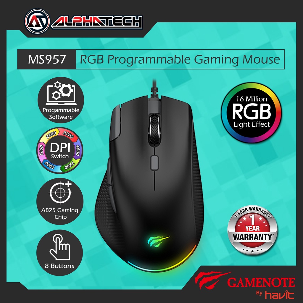Gamenote MS957 RGB Programmable Gaming Mouse, 7200 DPI, Marco Programing, 8 Buttons, Ergonomic ...
