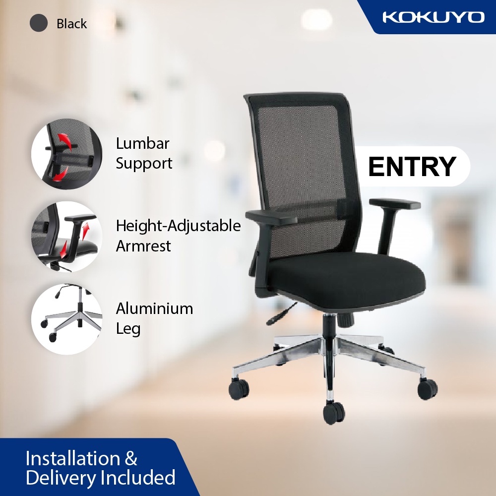 KOKUYO ENTRY Ergonomic Office Chair For Home and Office - Black/Aluminum | Shopee Malaysia