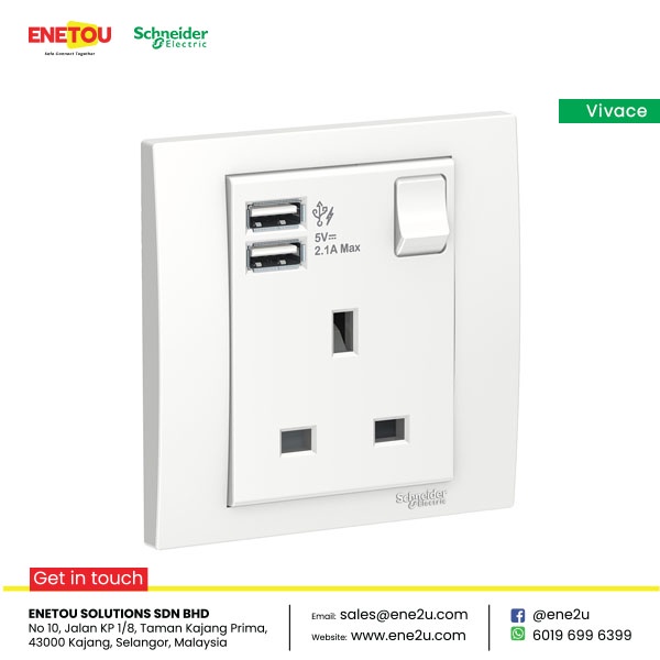 SCHNEIDER VIVACE KB15USB 13A 1GANG SWITCH SOCKET WITH 2.1A USB, WHITE ...