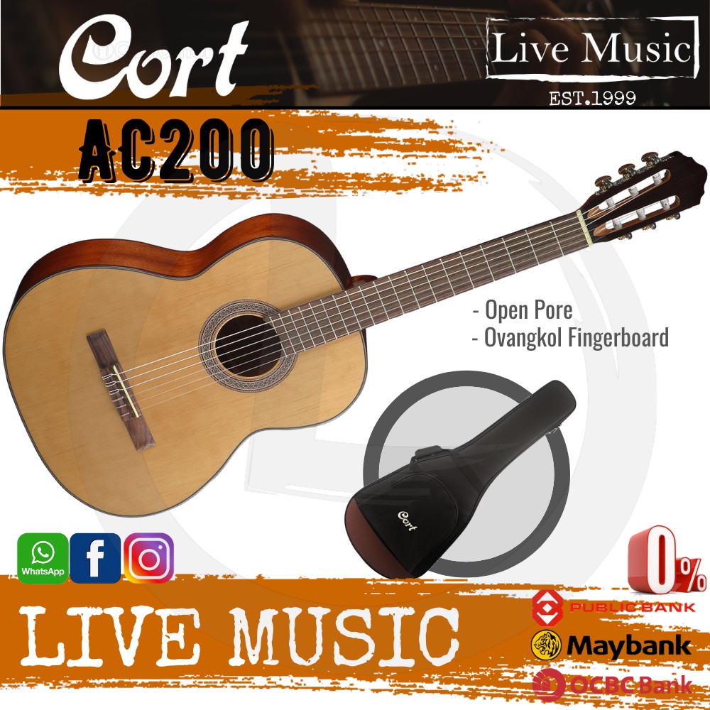 Cort AC200 Classical Guitar with Gig Bag - Open Pore (AC 200/AC-200 ...