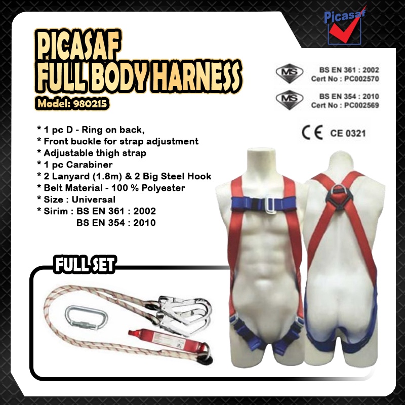 FULL BODY SAFETY HARNESS SET SIRIM Double Lanyard OIL AND GAS PICASAF 980215 HEAVY DUTY 1.8M ...
