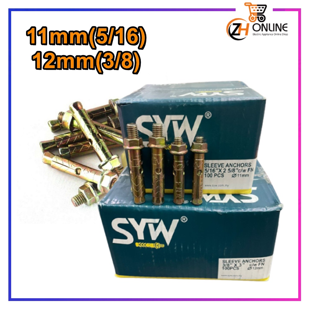 SYW WALL PLUG BESI ( SLEEVE ANCHOR) 11mm / 12mm (100PCS/BOX) | Shopee ...