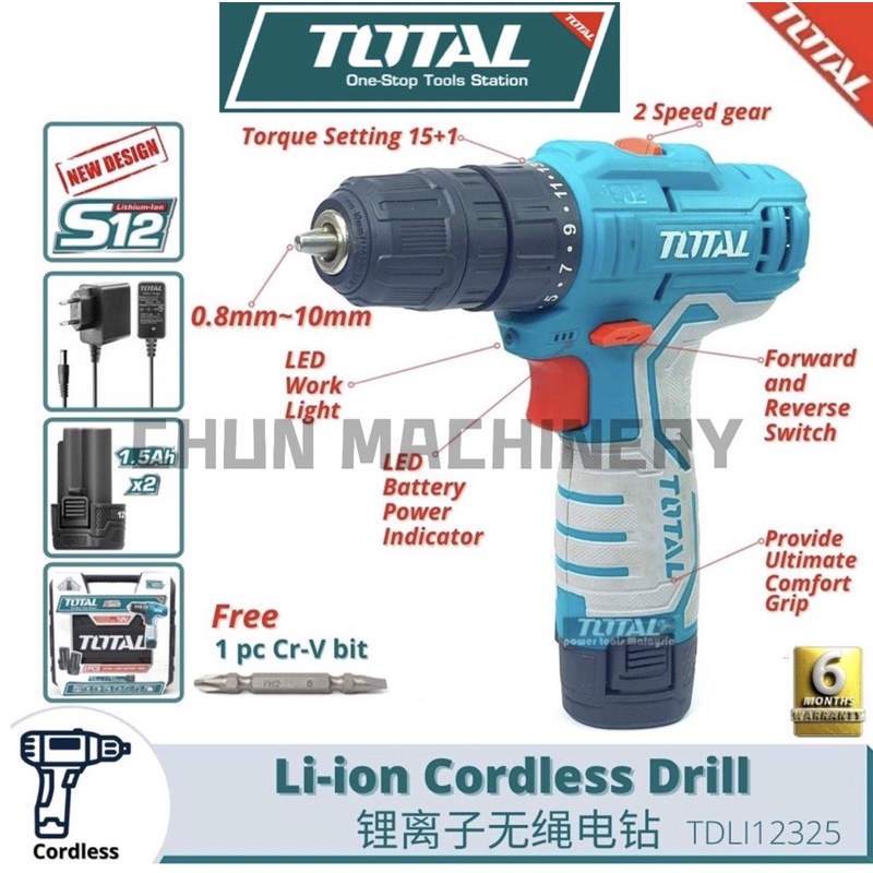 TOTAL Li-Ion S12 Cordless Drill (2 Speed) TDLI12325 | Shopee Malaysia