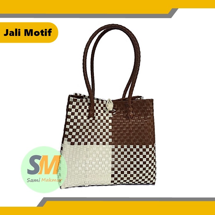 Jali Patterned Plastic Woven Bag, Large L, Long Handle with Buttons ...