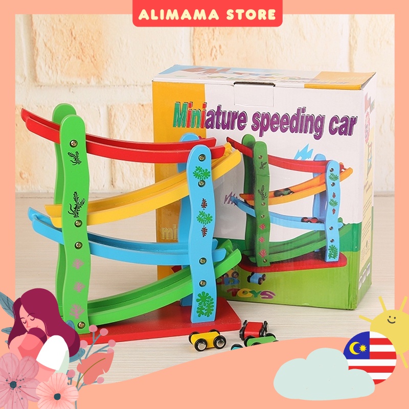 ToyT Children 4 Level Sliding Track Wooden Car Ladder Gliding Toy (L ...