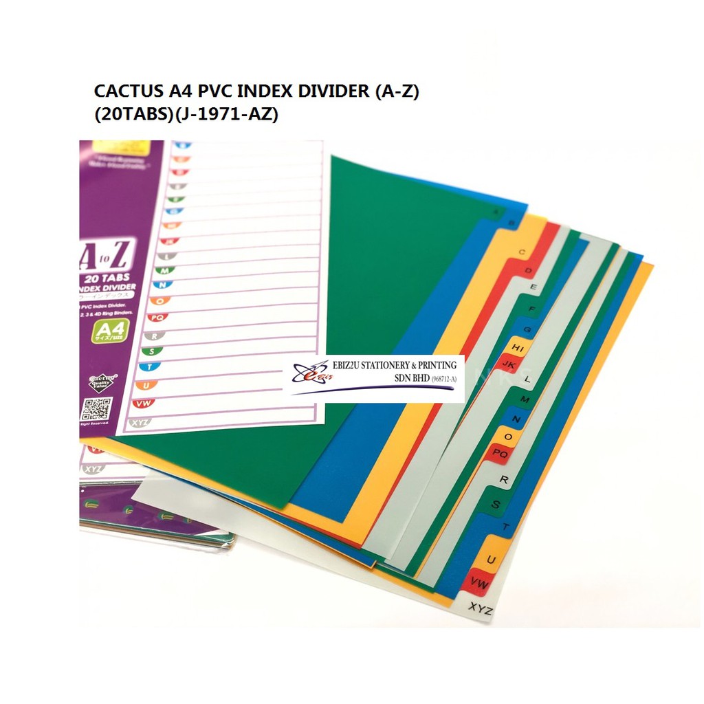 CACTUS A4 PVC COLOUR INDEX DIVIDER - A-Z COLOURS PVC INDEX DIVIDER **A4 ...