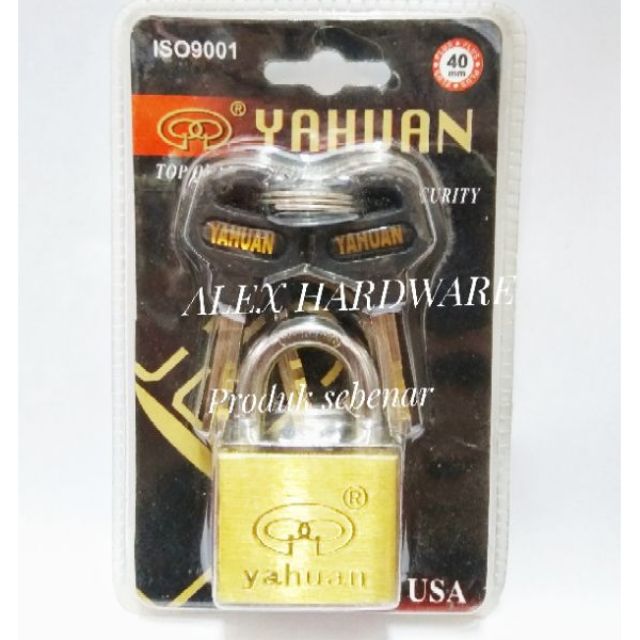 (40mm) YAHUAN Brass Padlock with 4 keys; mangga kunci lock pintu pagar ...