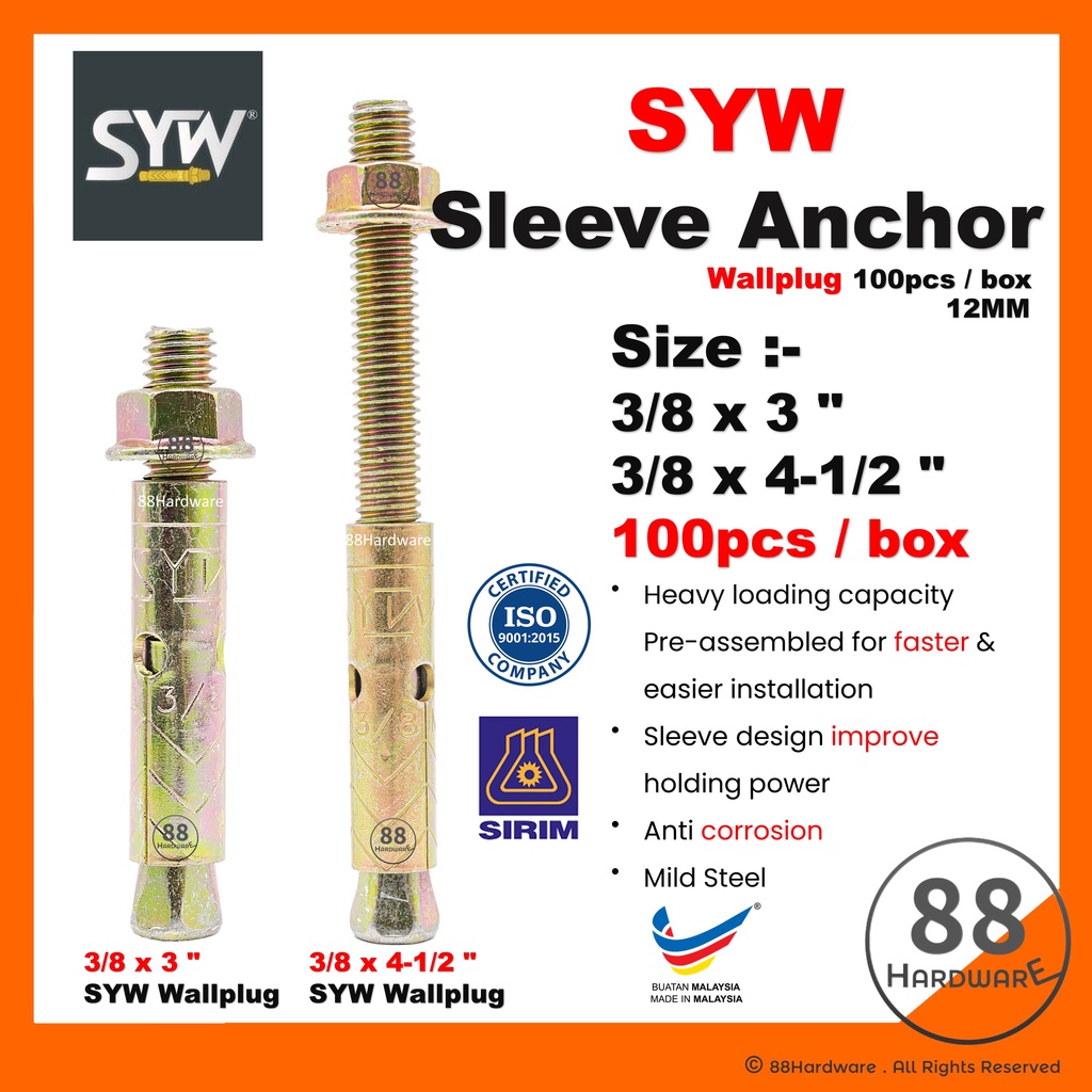 (12MM) 3/8 x 3" & 3/8 x 4 1/2" SYW wall plug / wall plug besi / 12mm ...