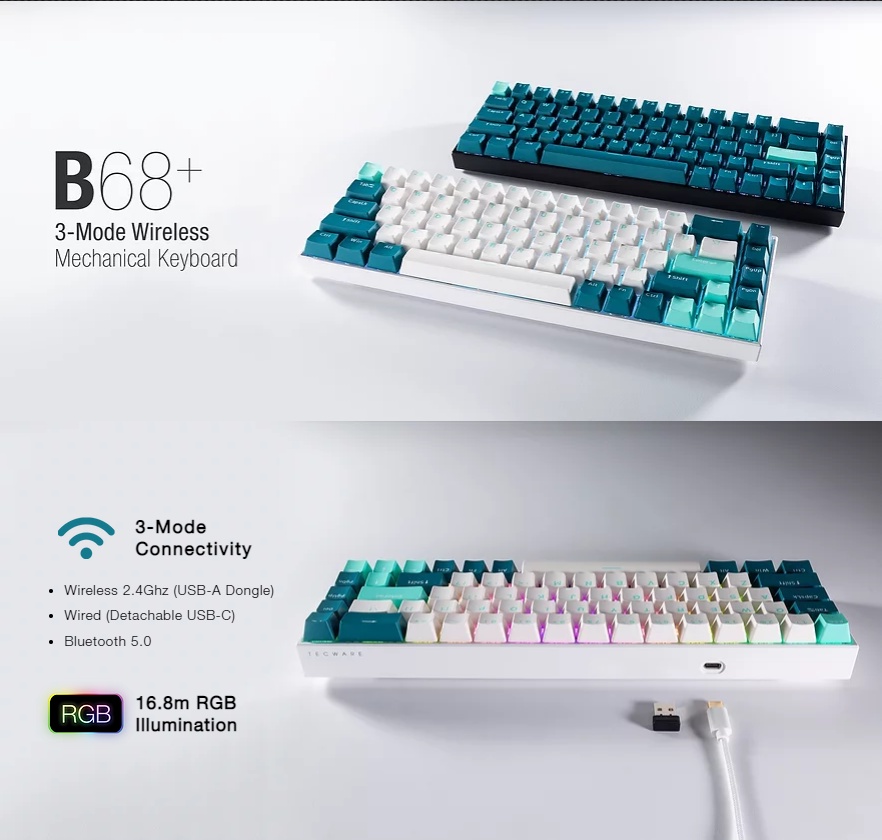 Tecware B68 / B68+ Plus Wireless RGB Mechanical Keyboard (Hot swappable ...