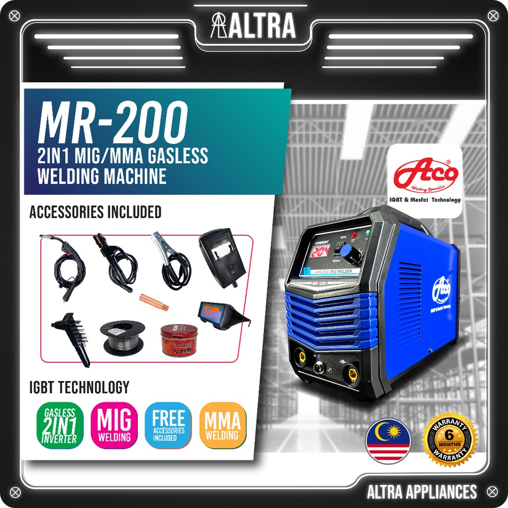 ACO MR200 - 2 in 1 Gas-less Welding Machine / MIG & MMA Inverter Welder ...