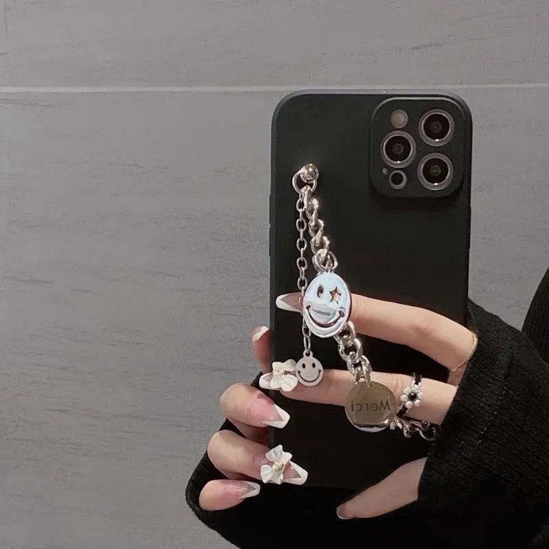 Black Case With Smiling Face Silver Chain For IPhone 15 14 13 6 S 7/8 ...
