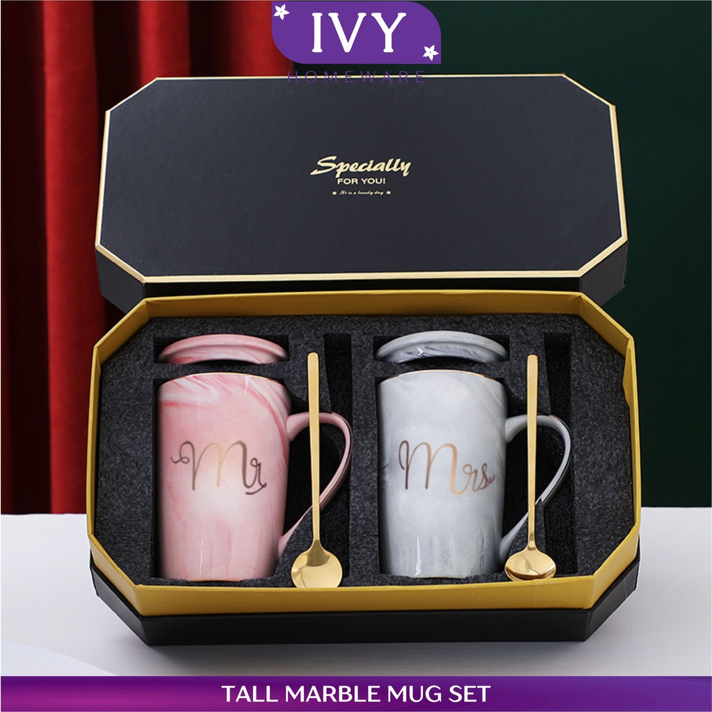 [IVY] Cup Glass Hampers Couple Mug Marble Ceramic Lid Mr Mrs Couple ...