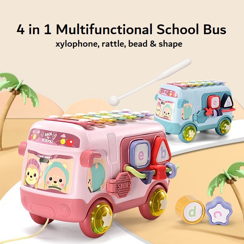 4 in 1 children Multifunctional School Bus xylophone rattle bead shape ...