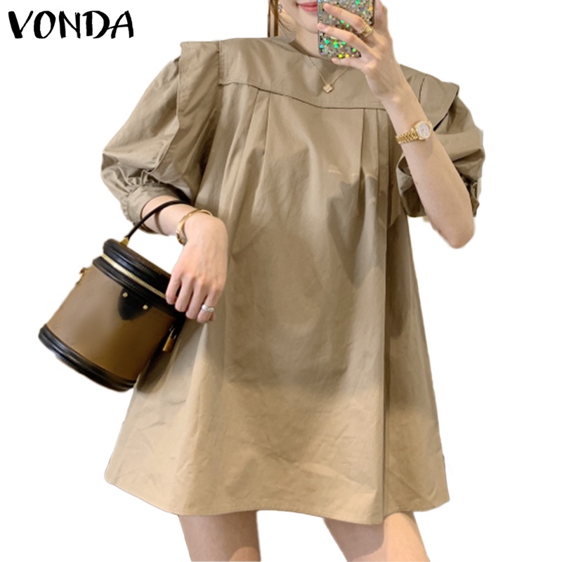 VONDA Women Korean Half Sleeve Party Casual Plain Pleated Mini Dress ...