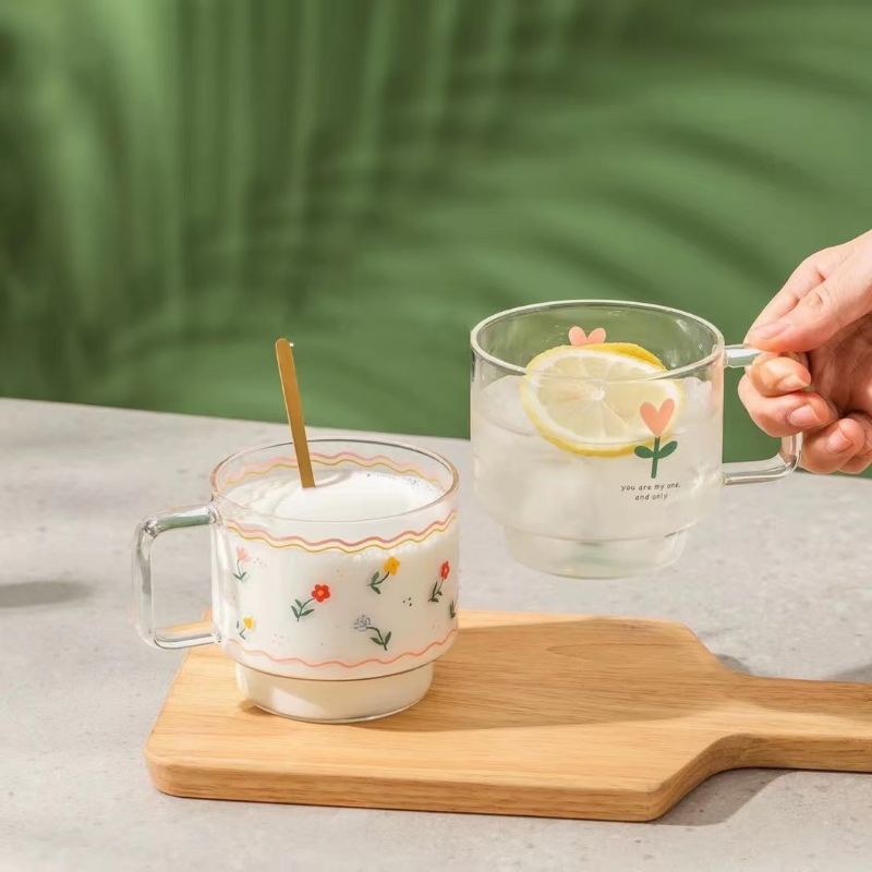 【Ready Stock】Ins Spring Borosilicate Glass Breakfast Mug 420ml ins风玻璃杯小清新少女玻璃杯早餐透明牛奶杯 | Shopee ...