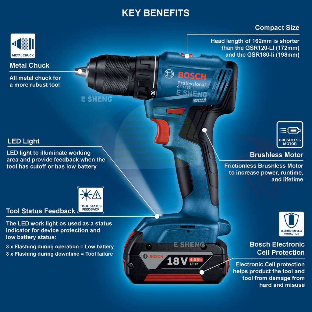 Bosch GSR185-LI Brushless Cordless Drill Driver GSR 185-LI Impact Drill ...