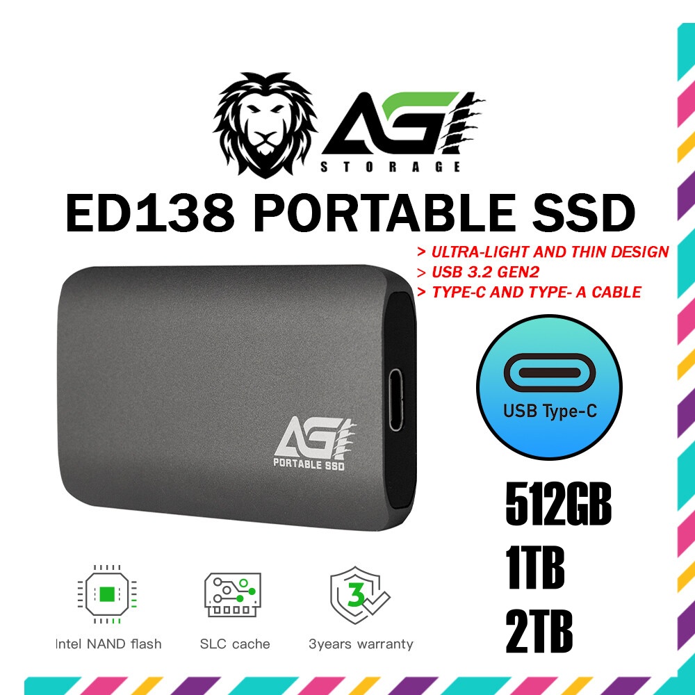 AGI PROTABLE SSD External ED138 Type-C USB 3.2 Gen 2 ULTRA THIN ...