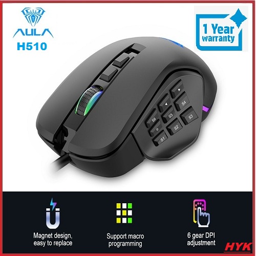 AULA H510 Wired Gaming Mouse with 9 Side Buttons 6 Gear DPI up to 10000 ...
