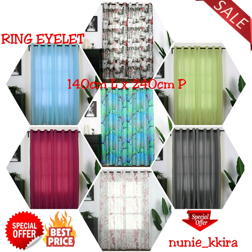 CURTAIN LANGSIR RING EYELET 140CM L X 240CM P PLAIN CORAK SEMIBLACKOUT ...