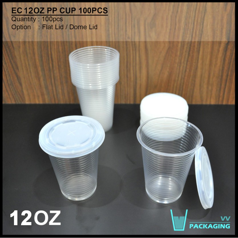 EC 12oz PP Clear Plastic Disposable Cup with Flat Lid ( 100pcs ...