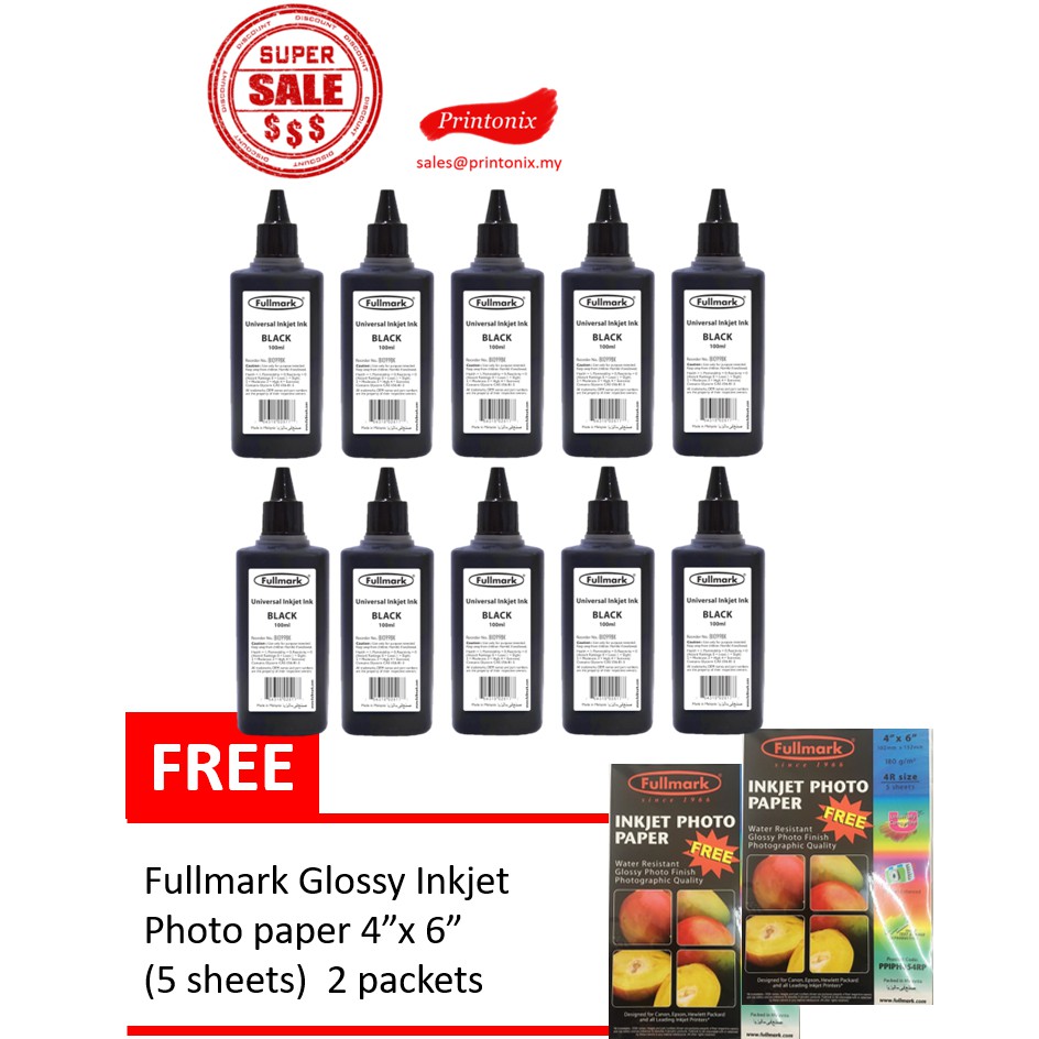 Fullmark Universal Refill Ink BI099,10 x Black 100ml for HP Canon Epson ...