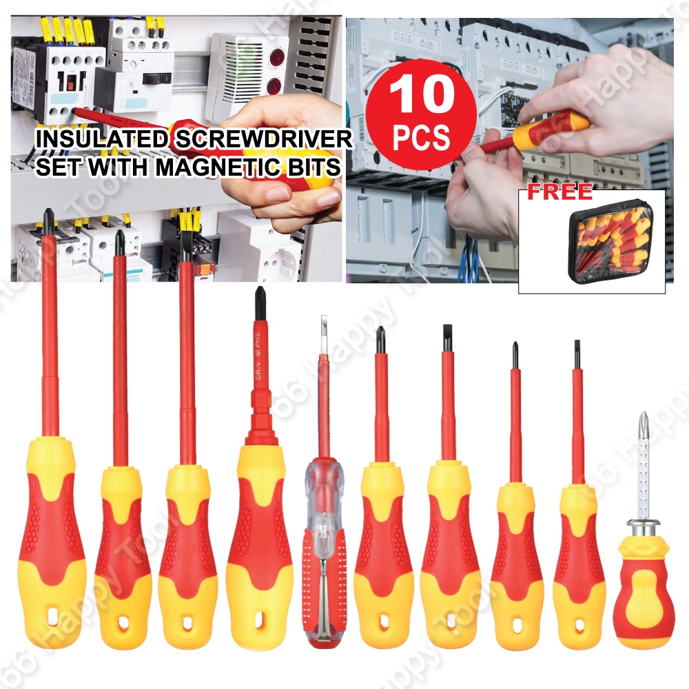 10pcs 1000V 500V Insulated Screwdriver Set with Magnetic Bits Soft Grip Philips Bits Electrical ...