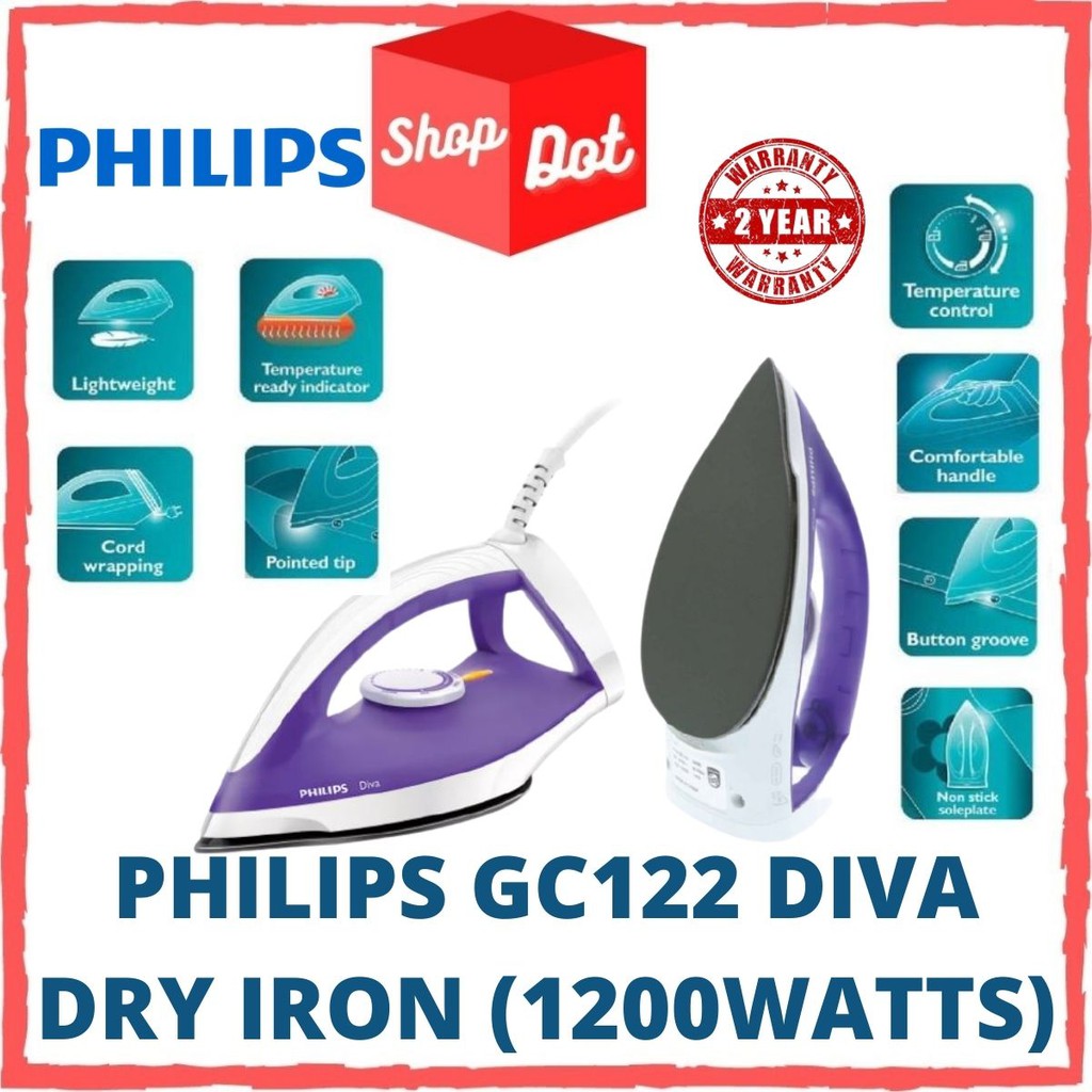 Philips GC122 1200W Diva Light Weight Dry Iron Non-Stick Soleplate ...