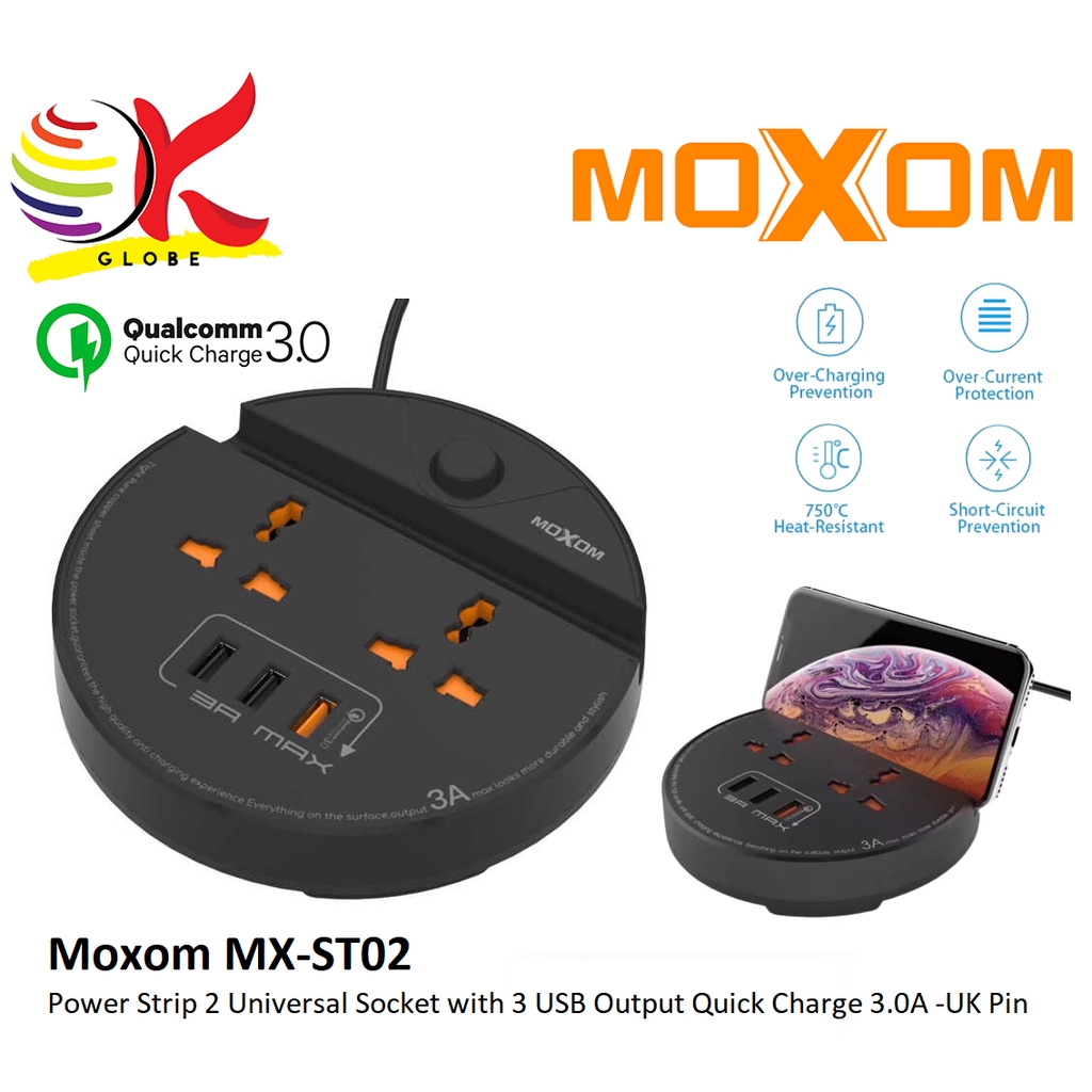 MOXOM MX-ST02 EXTENSION SOCKET QUALCOMM QC3.0A POWER STRIP 2 UNIVERSAL SOCKET WITH 3 USB PORTS ...