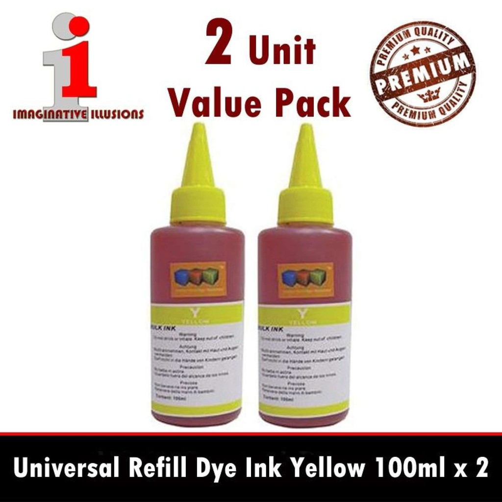 Universal Refill Ink Dye Yellow 100ml x 2 For Brother / Canon / Epson ...