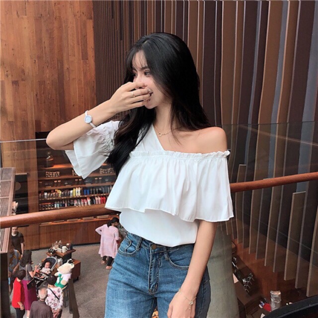 Off-the-shoulder ruffle shirt in 2 colors, white and yellow (with real ...