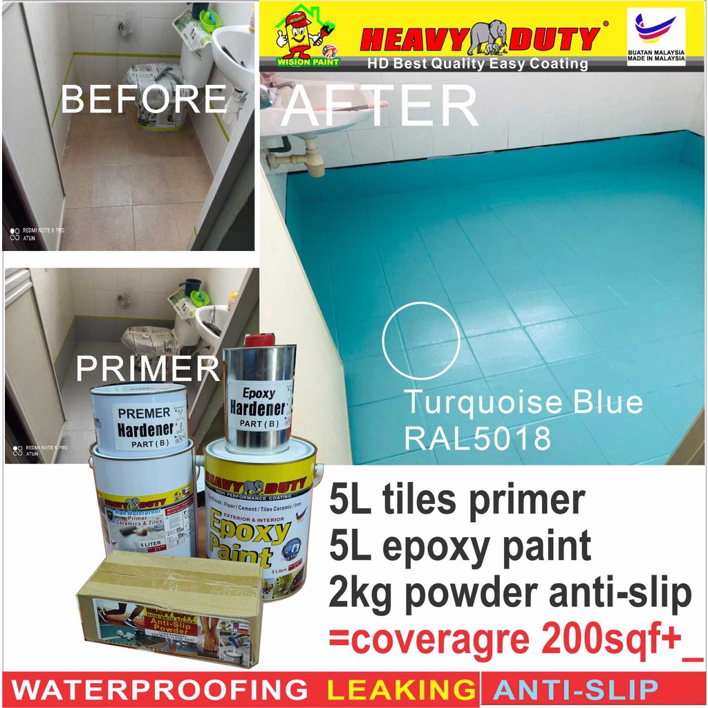RAL5018 / BIG FULL SET Epoxy Floor Coating ( 5L PRIMER WATERPROOF + 5L EPOXY PAINT HEAVY DUTY ...