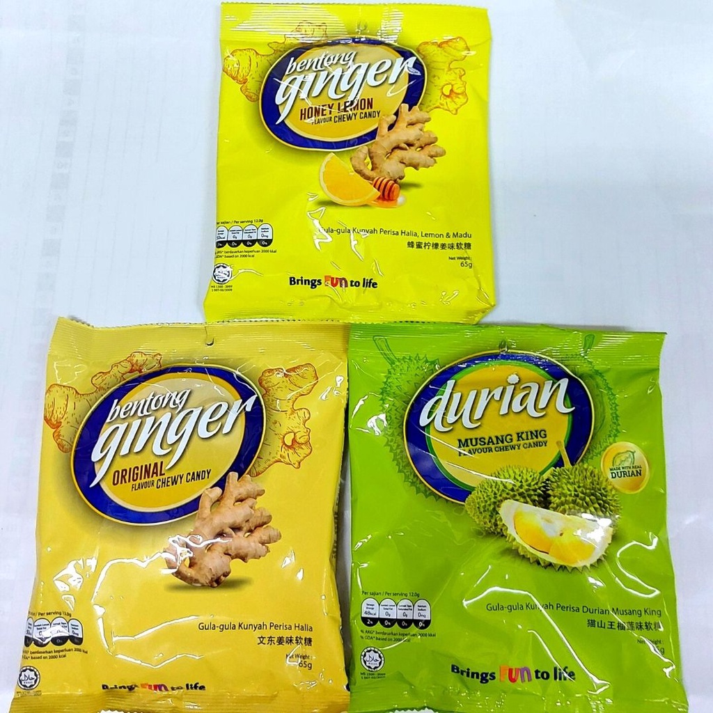 Durian Musang King & Bentong Ginger Original/Honey Lemon & Watermelon Flavour Chewy Candy 65g ...