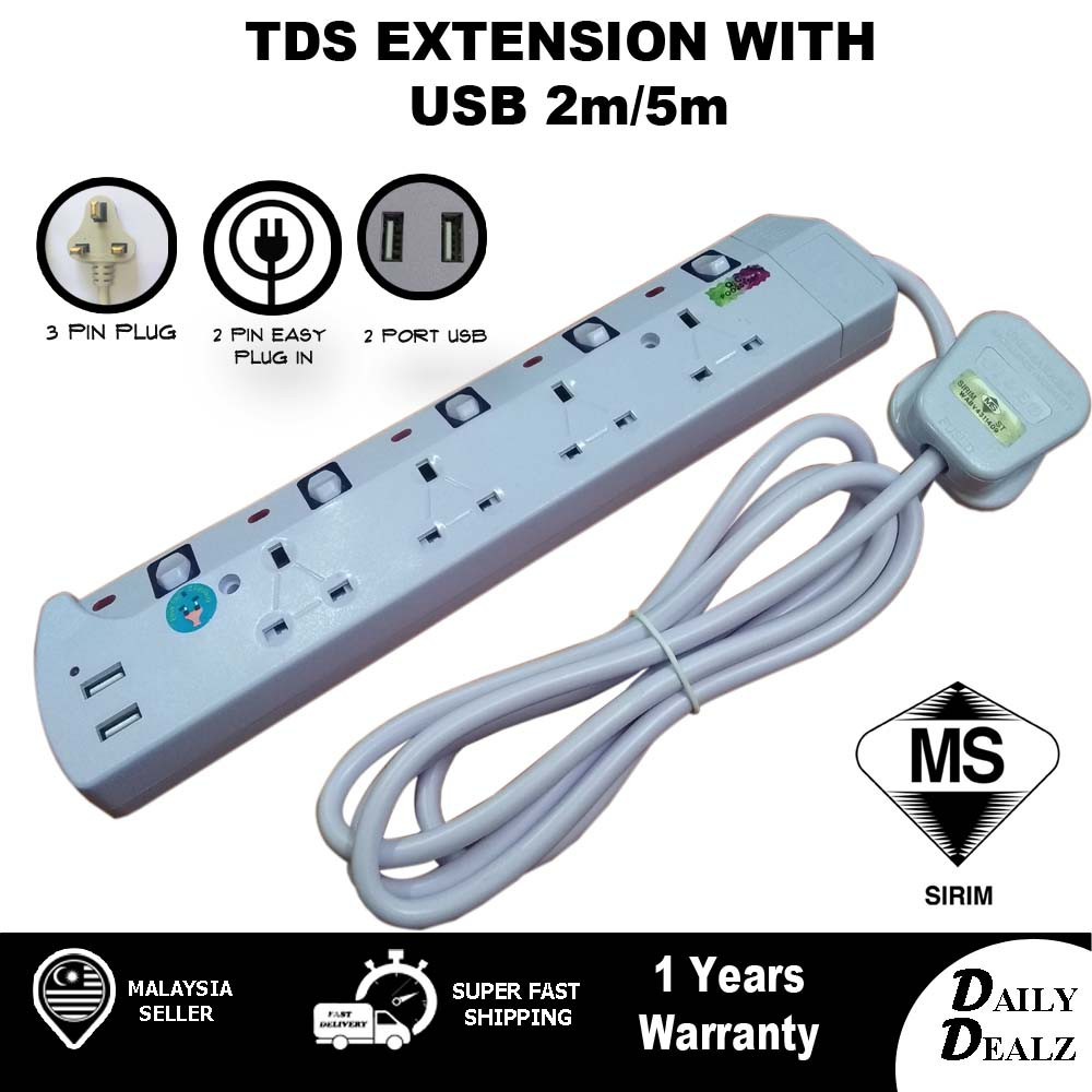 TDS 2m/5m Extension Trailing socket 4Gang With 2 USB Port | Shopee Malaysia