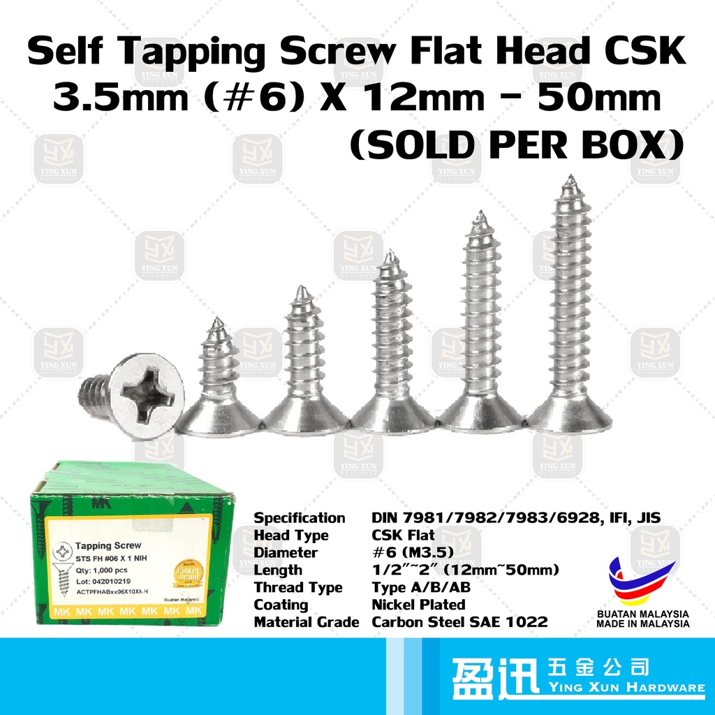 Self Tapping Screw Skru Kayu & Plastik CSK Flat Head [BOX] M3.5(6 ...