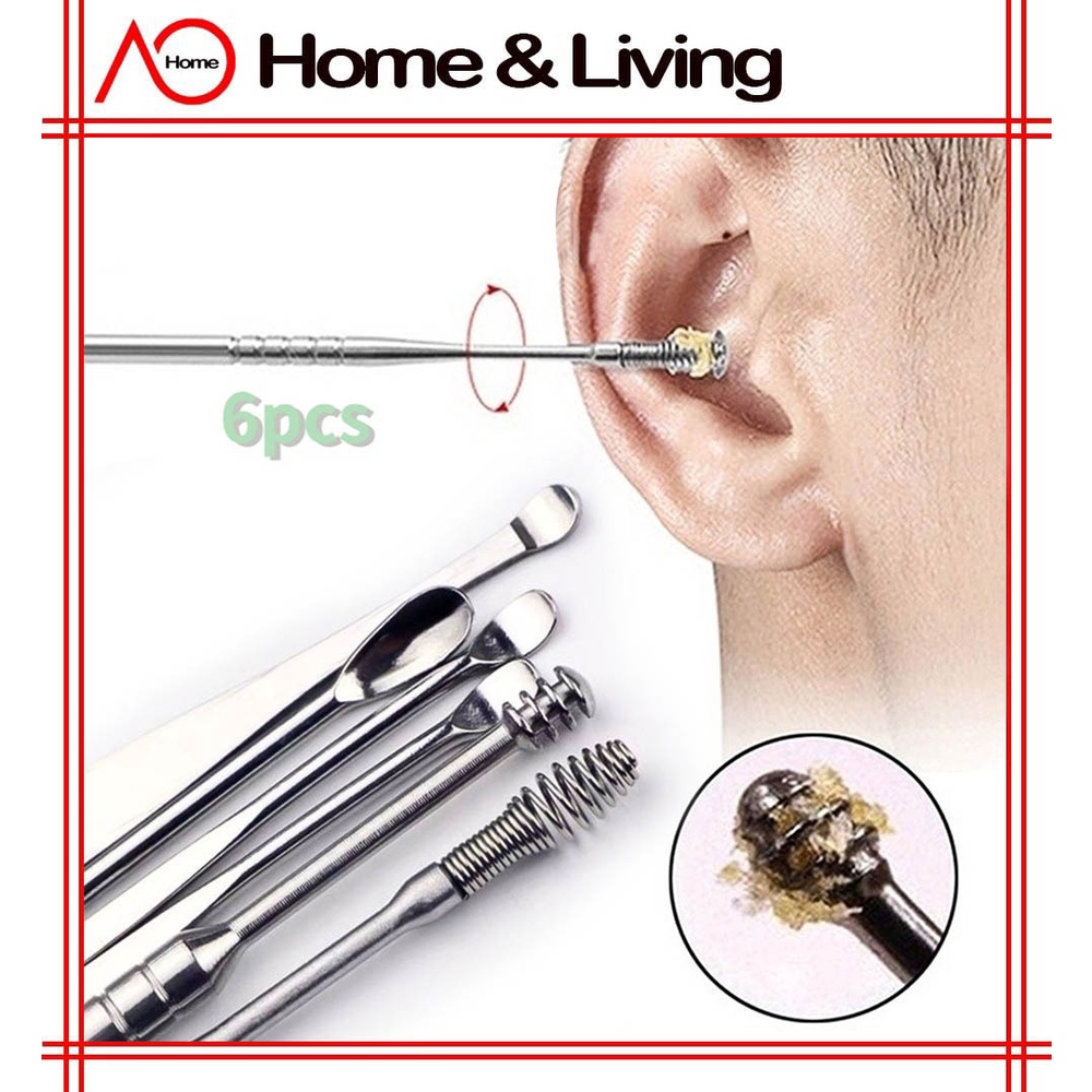 AO Home 6 Piece Set Stainless Steel Earpick Tools Ear Cleaner Tool ...