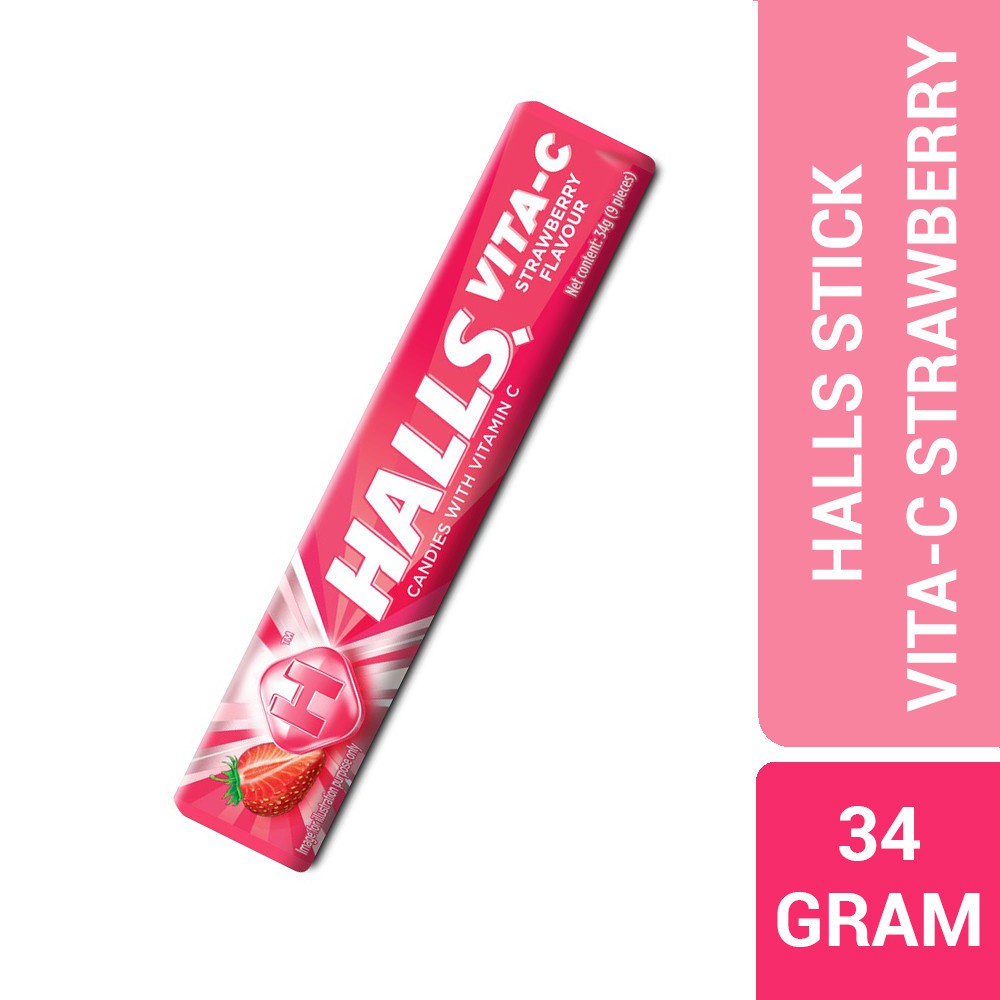 Halls Stick Vita-C Strawberry Flavoured Candy Vitamin C 9 Pieces (34G ...