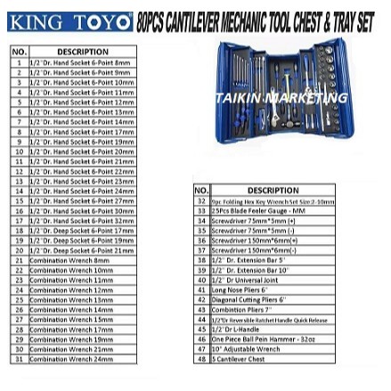 King Toyo 80PCS Cantilever Mechanic Tool Chest & Tray Set Kingtoyo ...