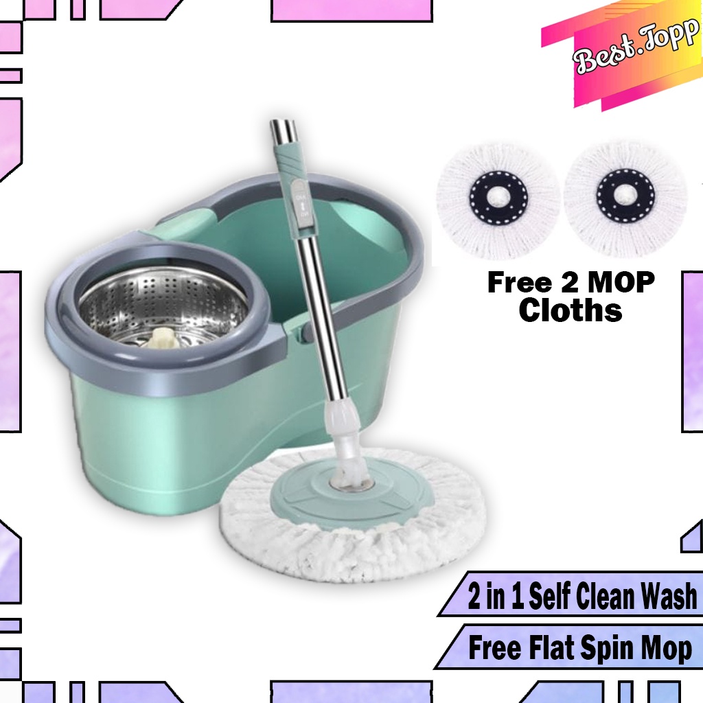 360 Rolling Self Spin Detachable Clean Wash Dry Hands 2 MOP CLOTHS In 1 ...