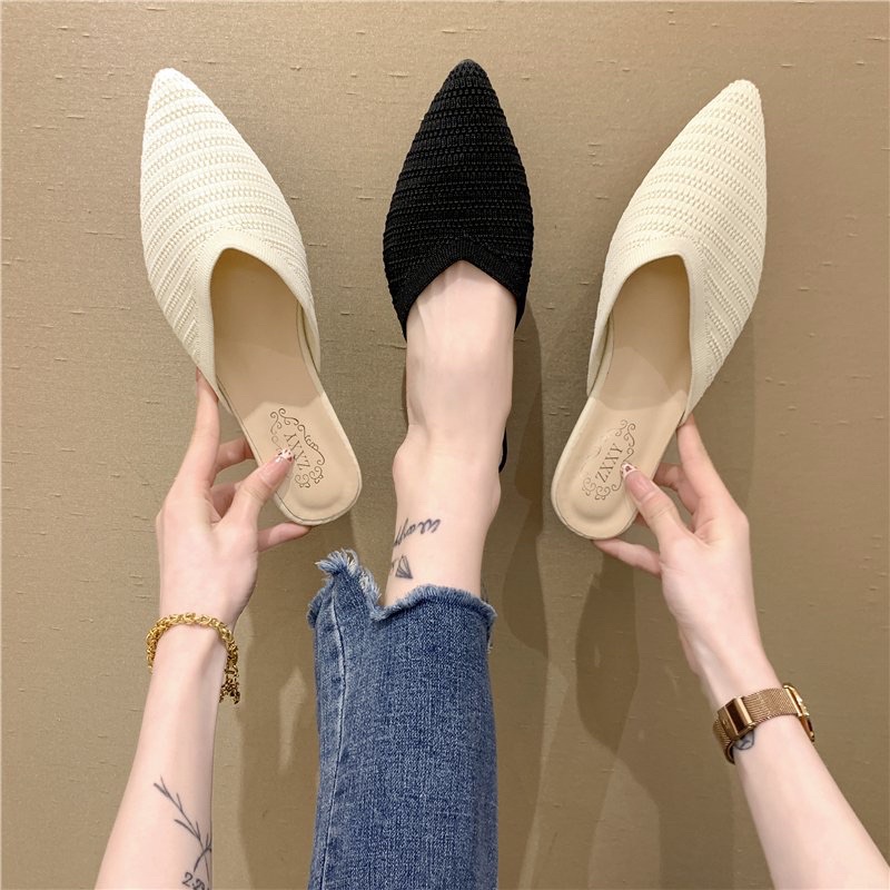 35-40 Women Sexy Pointed low-Heel Slippers Knitted Elastic Mesh ...