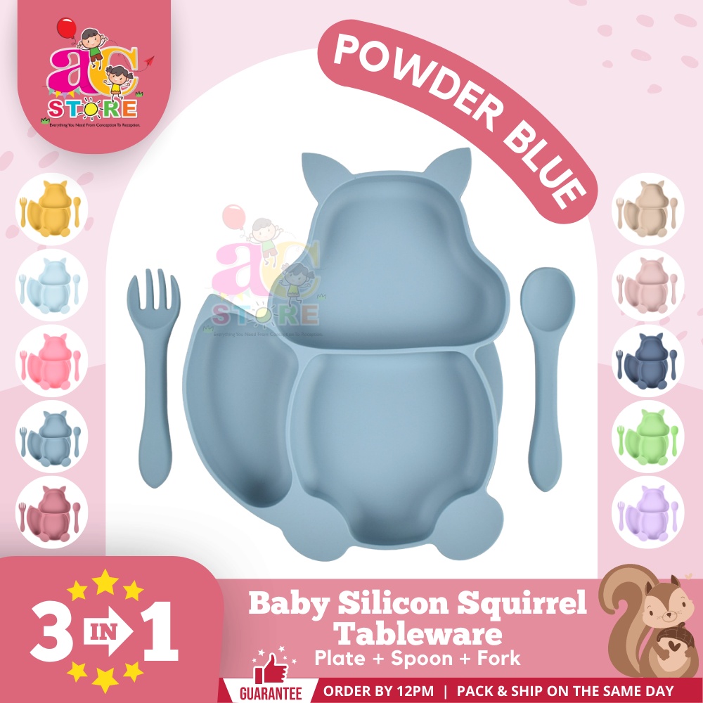 AC-3pcs/Set Baby Feeding Suction Silicone Plate Spoon & Folk Set ...