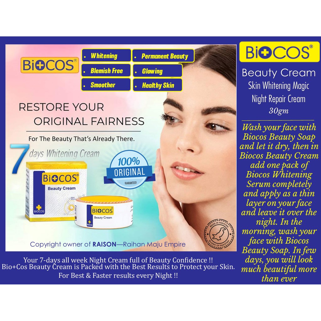 BIOCOS Beauty Cream Skin Whitening Magic Night Repair Cream 30gm -100% ...