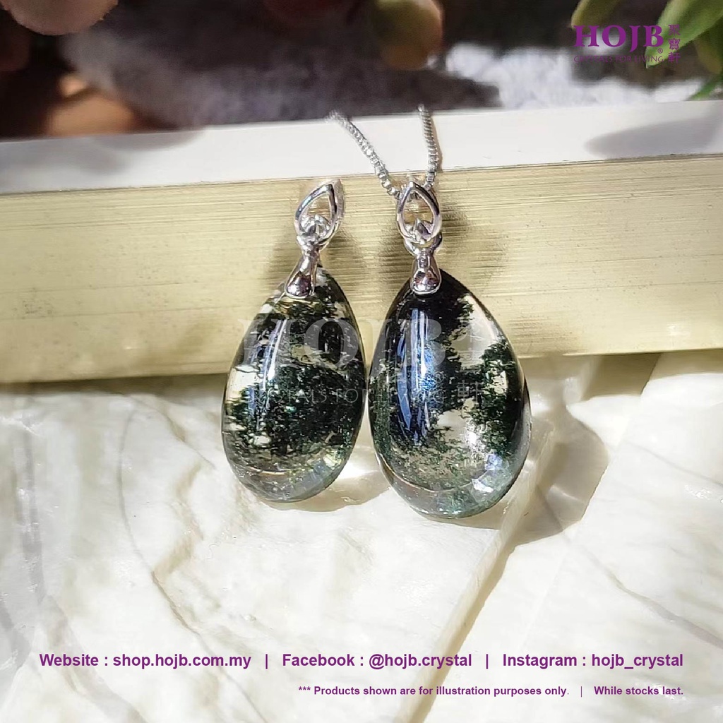 HOJB Black Gold Sand Green Phantom Quartz 6A Pear S925 Pendant 22-24mm 聚寶軒黑金沙绿幽灵幻影水晶6A水滴形S925银吊坠 ...