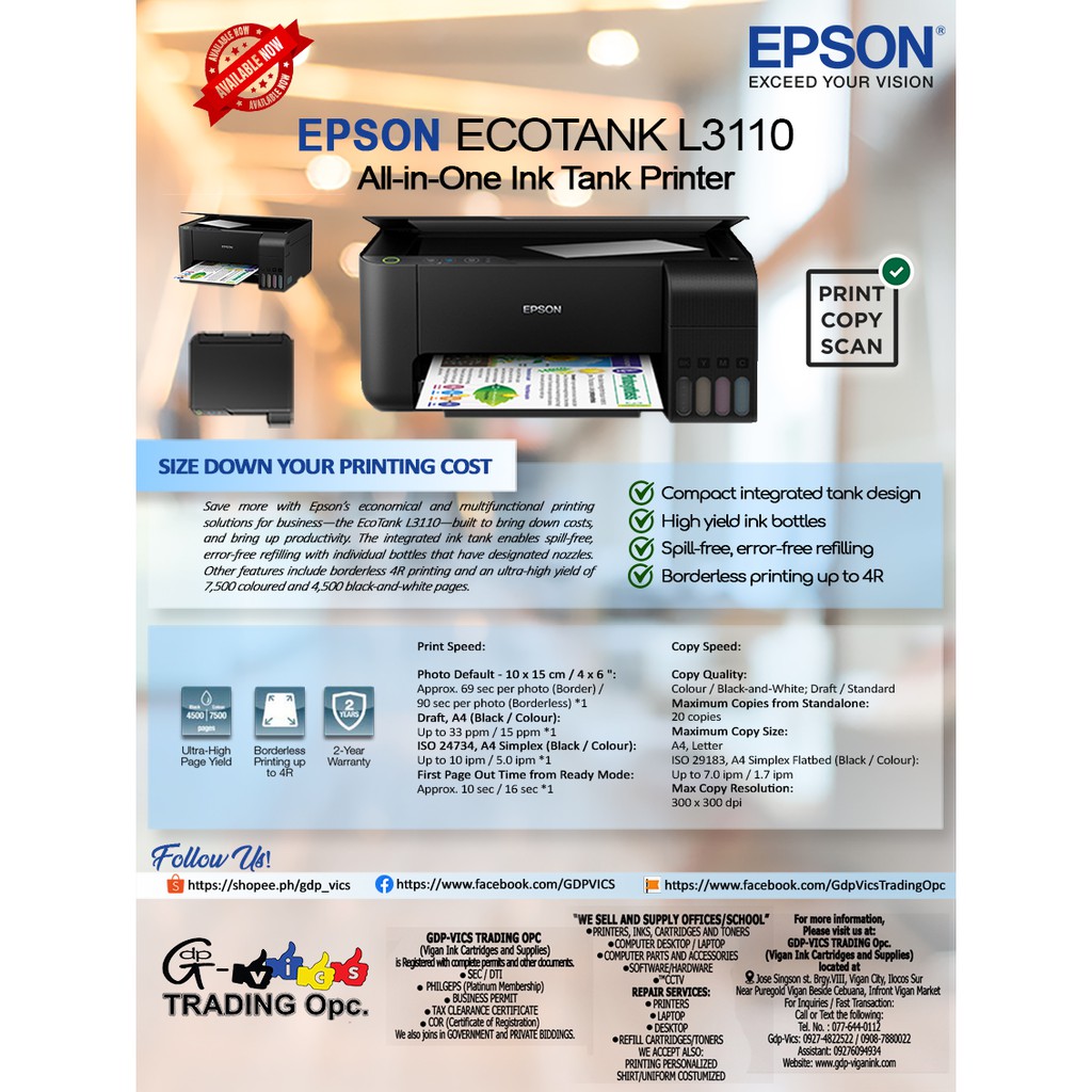 EPSON EcoTank L3110 All-in-One Tank Printer | Shopee Malaysia