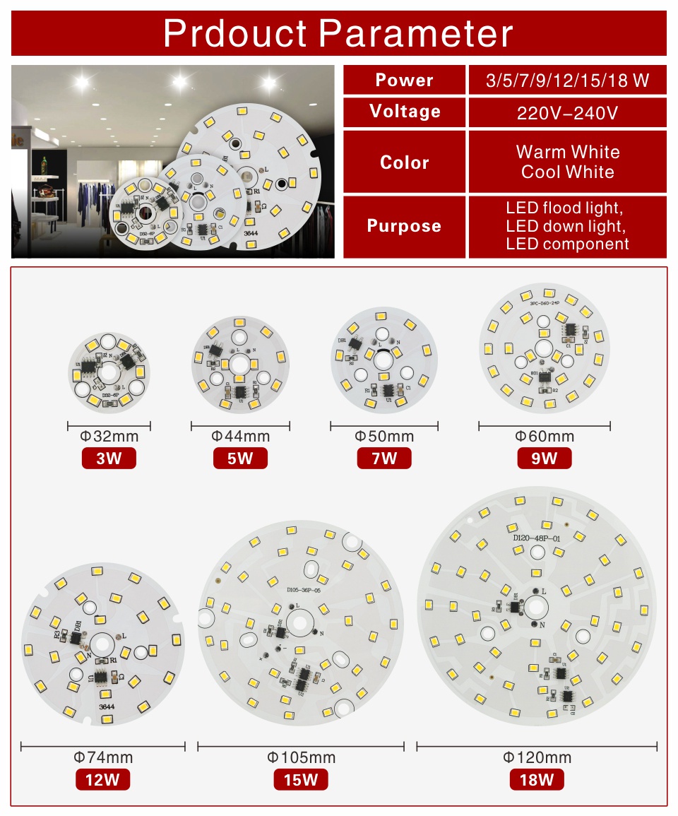 Got Liang LED Downlight Chip 3W 5W 7W 9W 12W 15W 18W Round Light Chip AC 220V-240V 2835SMD Lamp ...