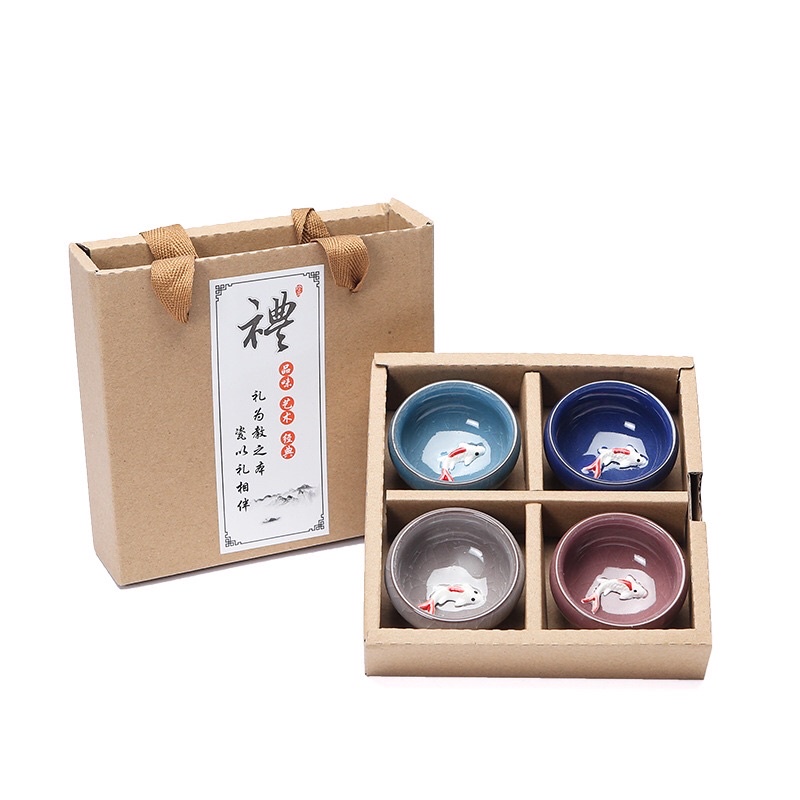 Chinese Ceramic with 3D fish Tea cup 4pcs with gift box 七彩冰裂鲤鱼茶杯 4个一套 ...
