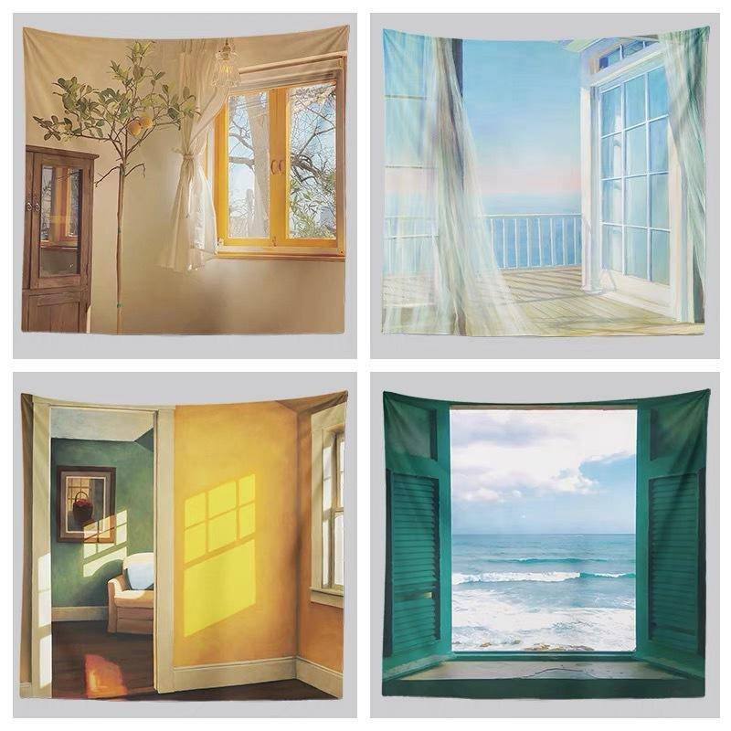 Fake Window Tapestry Sea View Window Home Decor Wall Cloth Living Room ...
