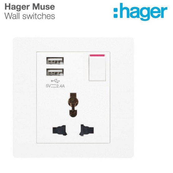 Hager Muse 16A Universal Switched Socket Outlet with 2 USB Charger ...